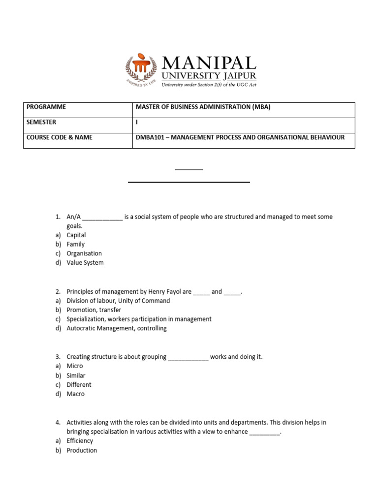 MQP - MBA - Sem1 - Management Process & Organisation Behaviour (DMBA101) | PDF