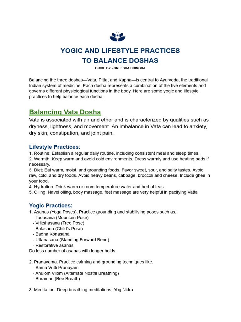 Yogic and Lifestyle Practices To Balance Doshas | PDF