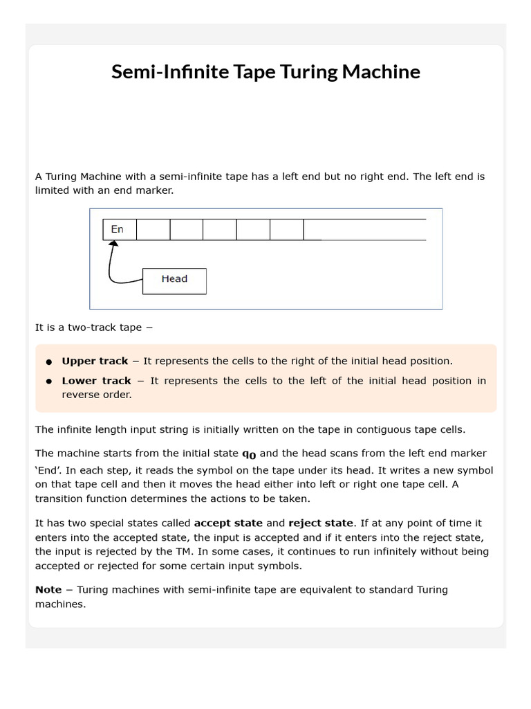 Semi-Infinite Tape Turing Machine | PDF