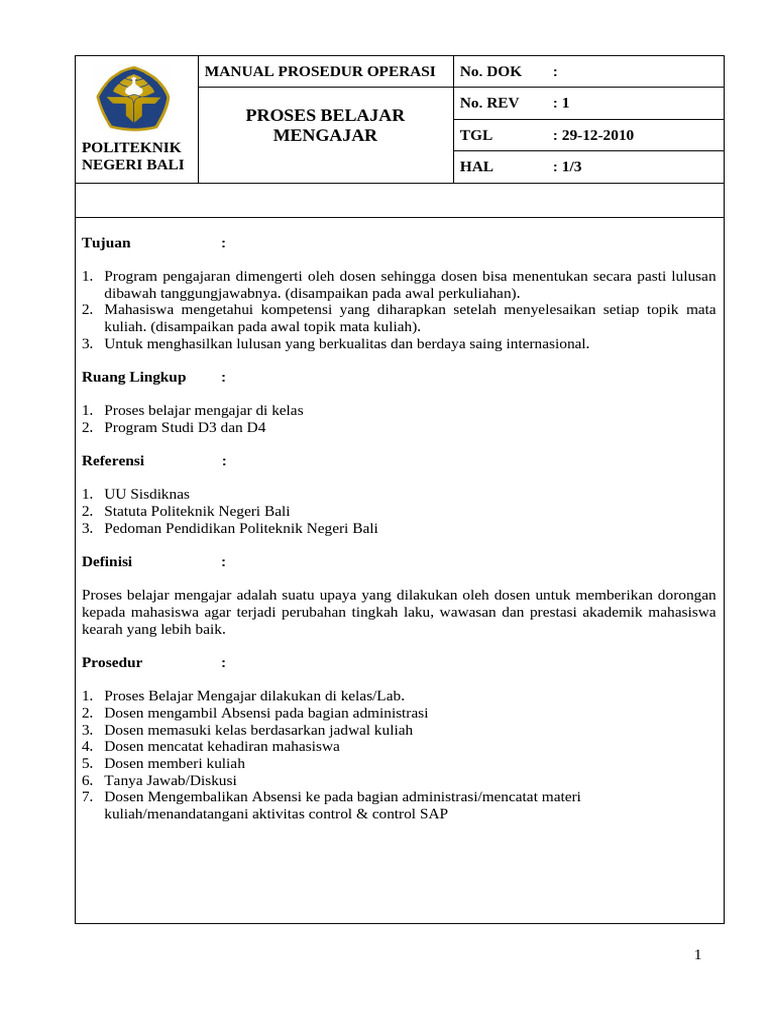 SOP Proses Belajar Mengajar (PBM) (Lampiran 3d) | PDF