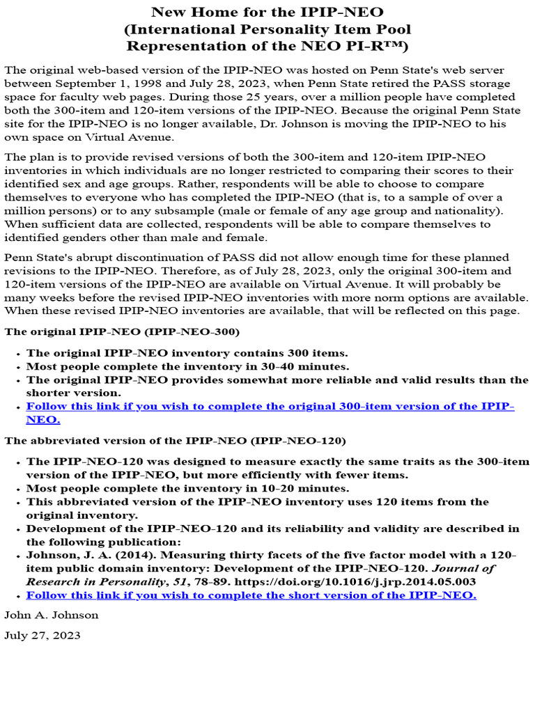 IPIP NEO-PI, Introductory Information | PDF