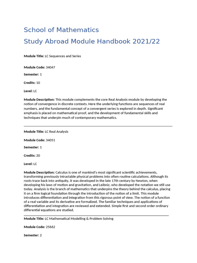 Mathematics Study Abroad Handbook 2021 2022 s2 | PDF