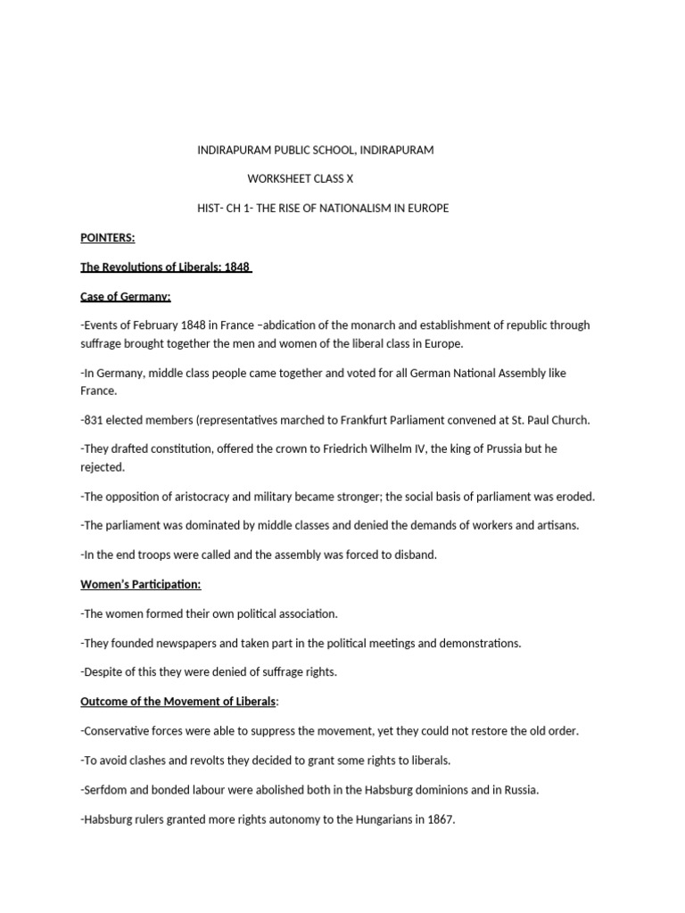 CLASS X HIS Worksheet 4 THE RISE OF NATIONALISM IN EUROPE | PDF