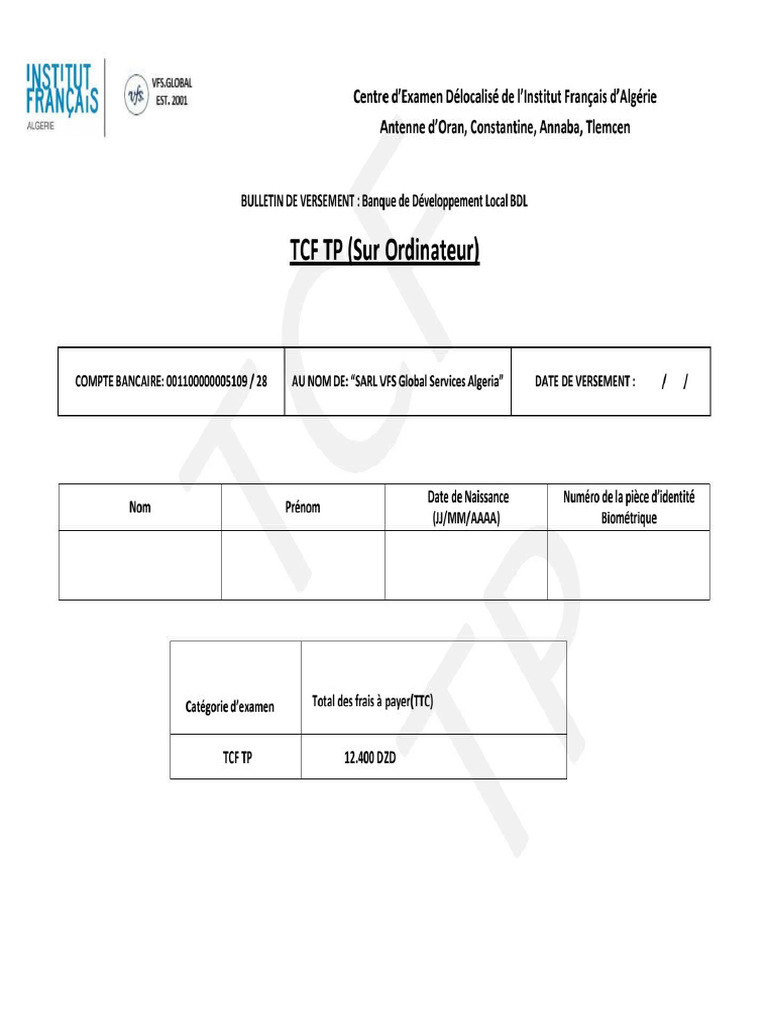 Bordereau de Paiement TCF TP - Oran, Constantine, - 240825 - 145031 | PDF