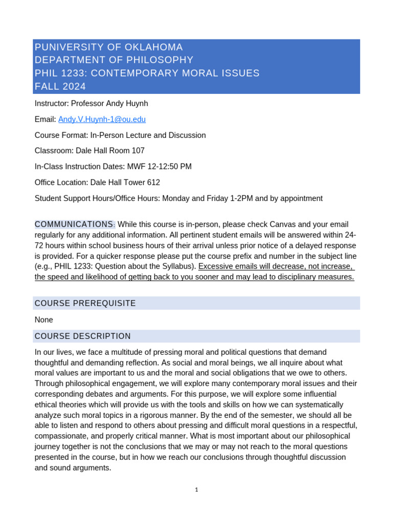 Syllabus Contemporary Moral Issues | PDF