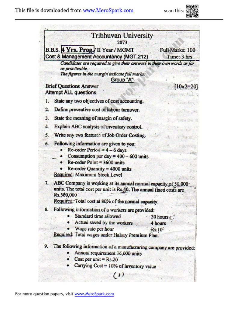 Cost and Management Accountancy BBS Four Years Question Paper 2073 Second Year | PDF