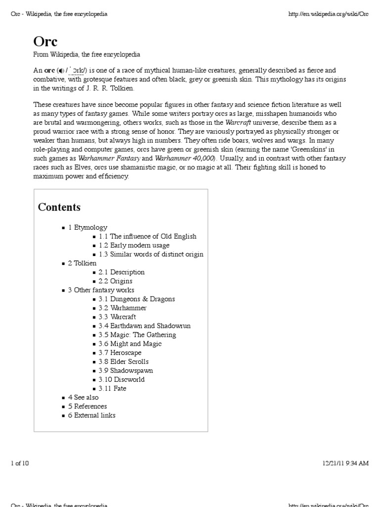 Orc - Wikipedia, The Free Encyclopedia | PDF | Orc (Middle Earth) | Fantasy