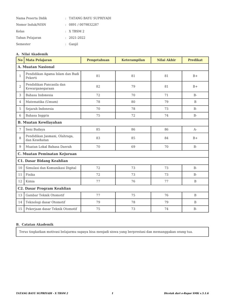 Tatang Bayu Supriyadi - X TBSM 2-Nilai | PDF