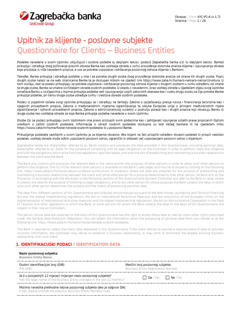 404 Prilog 17 Kyc Upitnik Za Poslovne Subjekte | PDF