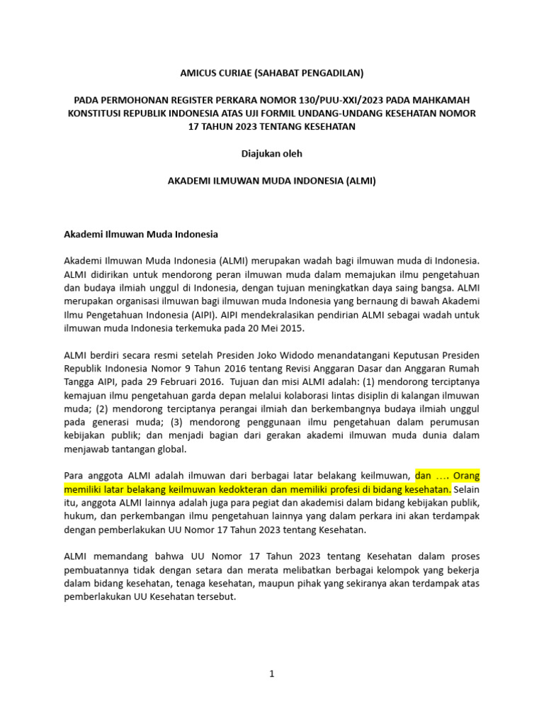 AMICUS CURIAE ALMI UU KESEHATAN.docx | PDF