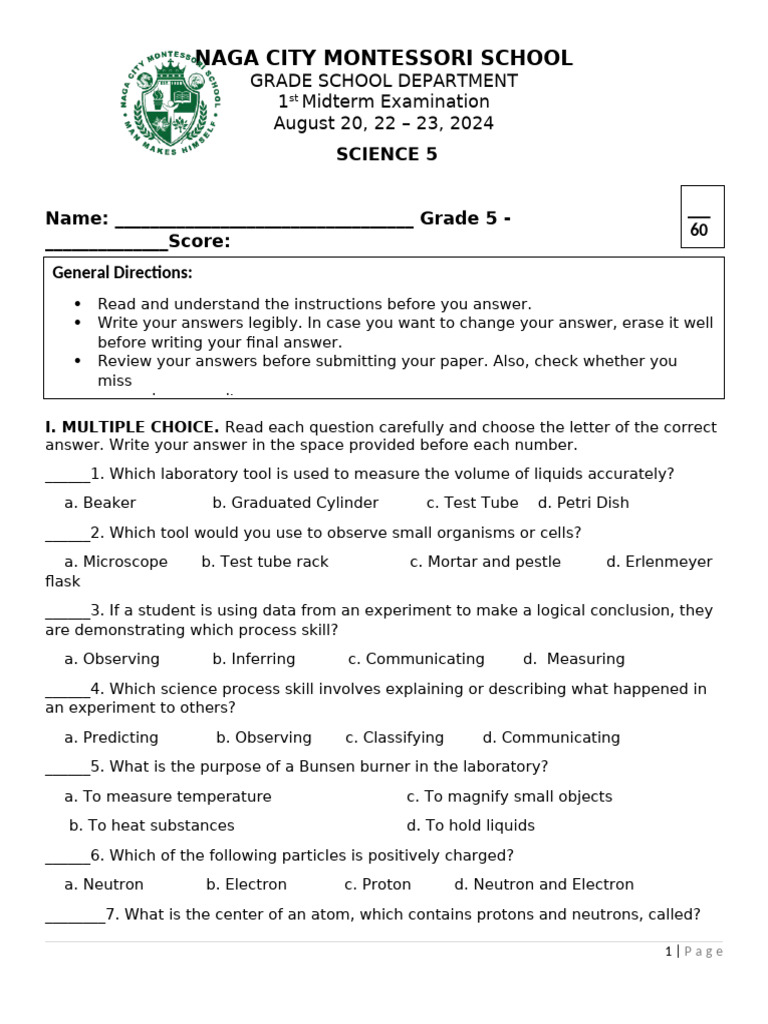 Science 5 First-Mid Quarter Exam | PDF