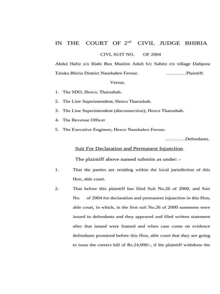 Legal Suit for Bill Dispute and Injunction | PDF | Lawsuit | Social Science