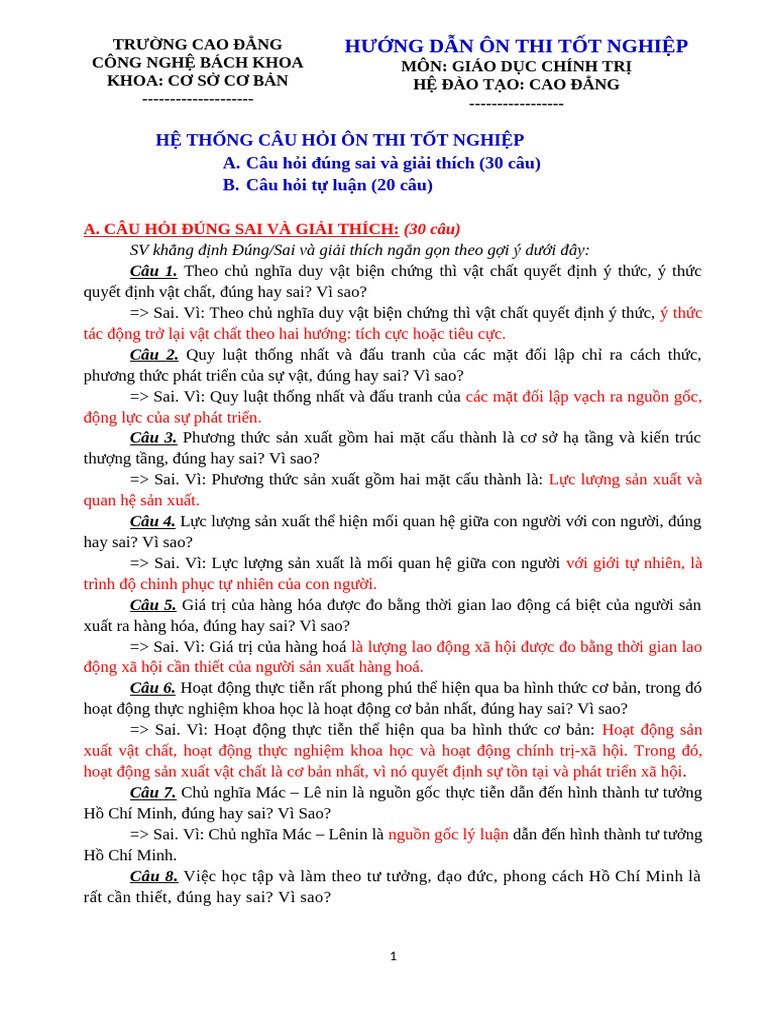 Hướng Dẫn Đề Cương Ôn Thi Tốt Nghiệp - GDCT | PDF