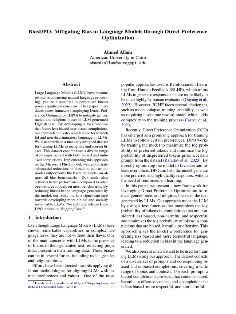 Biasdpo: Mitigating Bias in Language Models Through Direct Preference Optimization | PDF