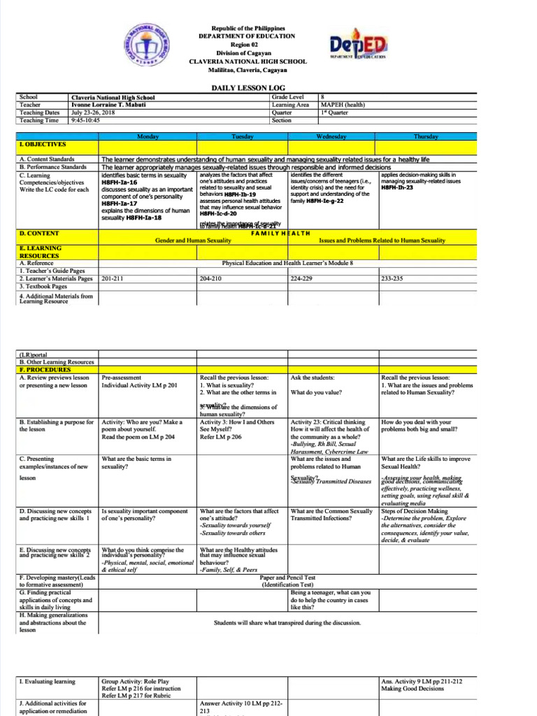 PDF DLL g8 Health Fam Health 1st Q - Compress | PDF | Learning | Human Sexuality