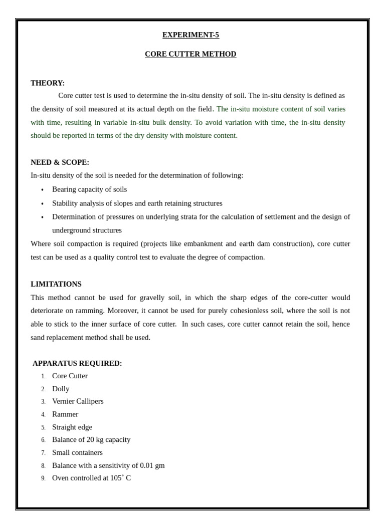 Field Density By Core Cutter Method Pdf Density Home Garden