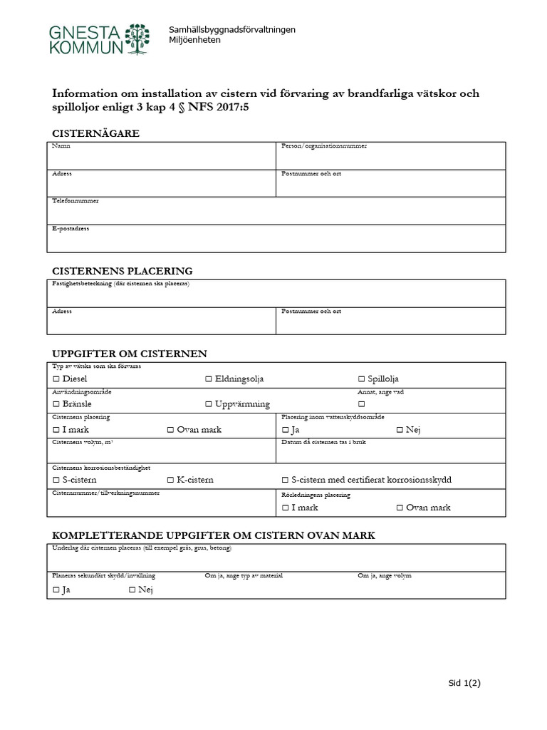 Cistern Informationsblankett | PDF