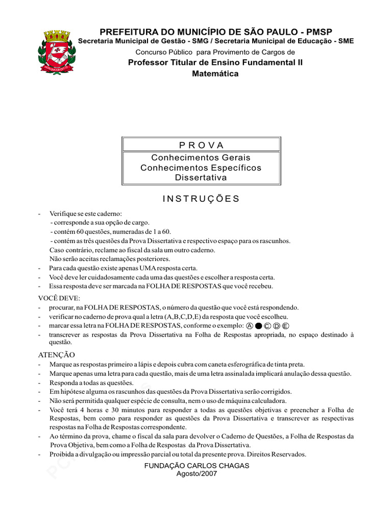 Prova - Professor de Matemática - FCC SP - VI | PDF | Pedagogia | Aprendizado