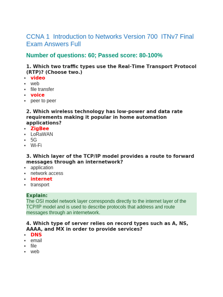CCNA 1 Introduction To Networks Version 700 ITNv7 Final Exam Answers Full | PDF