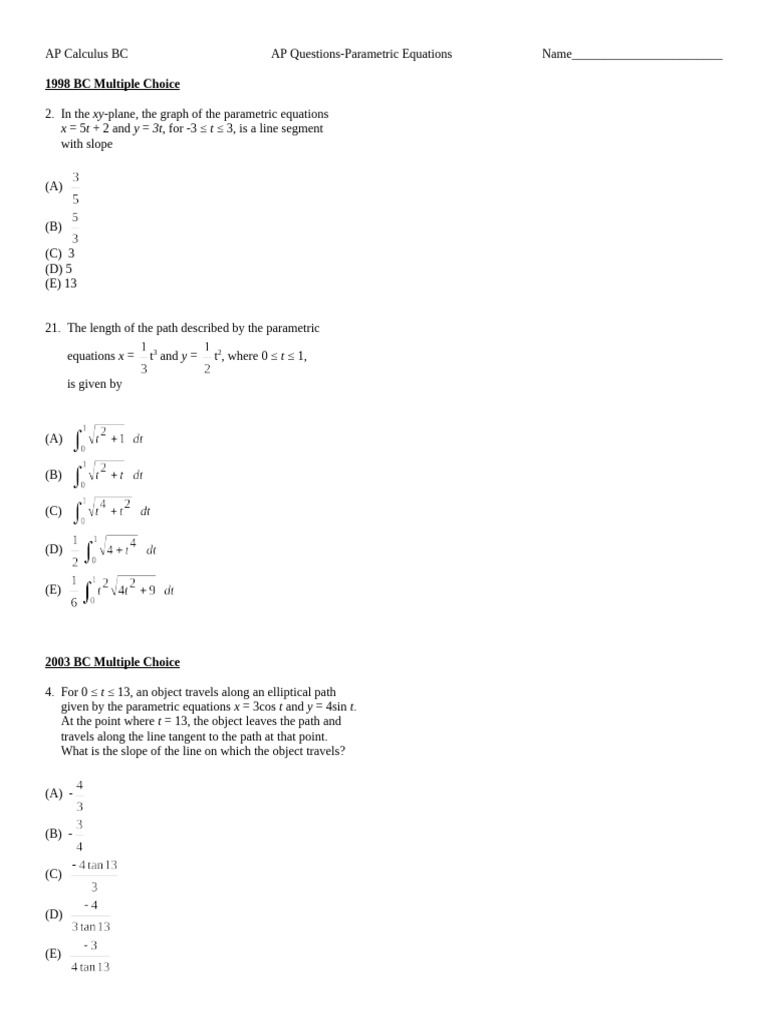 AP Questions-Parametrics-Calculus | PDF