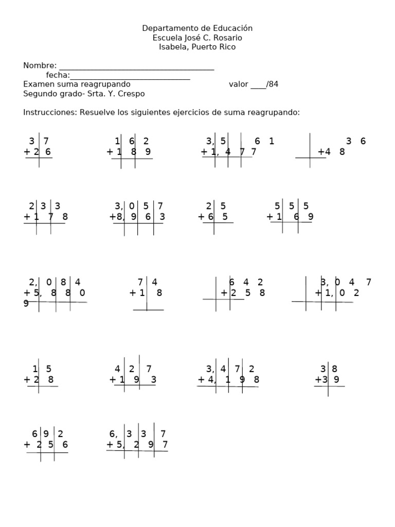 Examen Suma Reagrupando | PDF