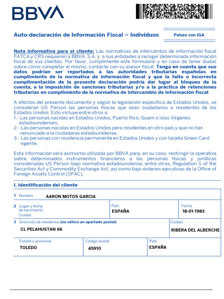 AUTODECLARACIÓN FATCA_CRS (1) | PDF