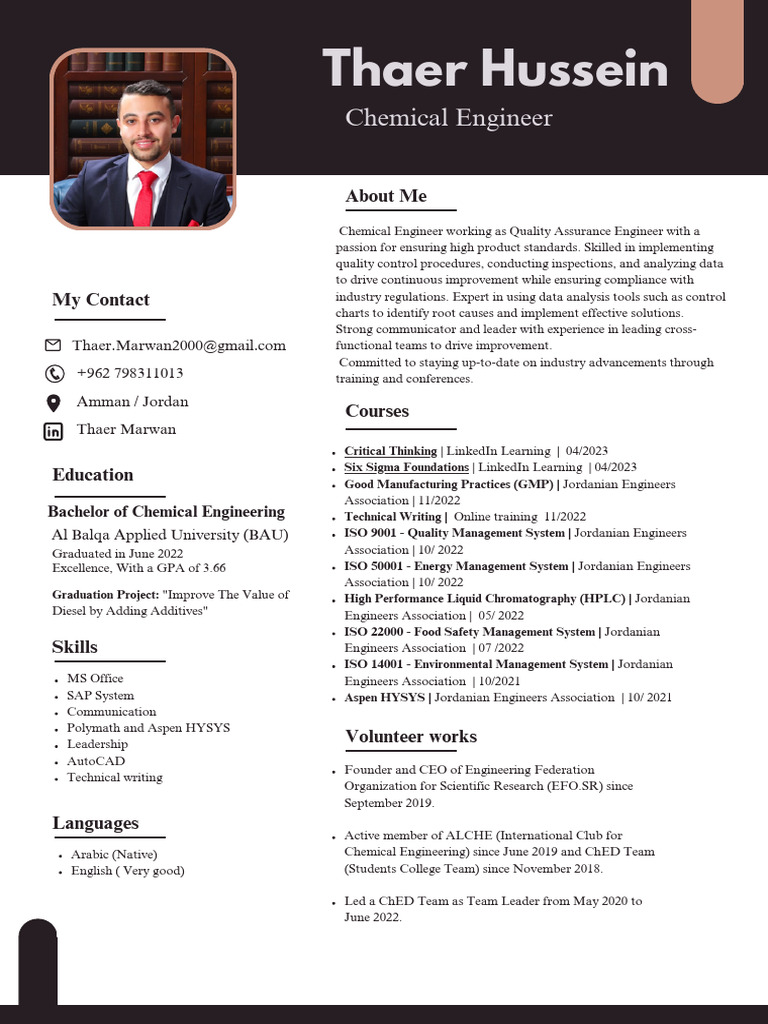 Thaer Hussein CV (Chemical Engineer) | PDF