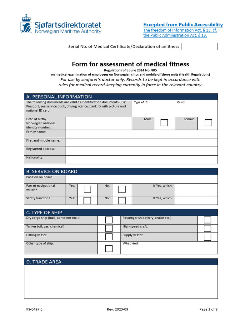 Norwegian - ks-0497-e---form-for-assessment-of-medical-fitness | PDF