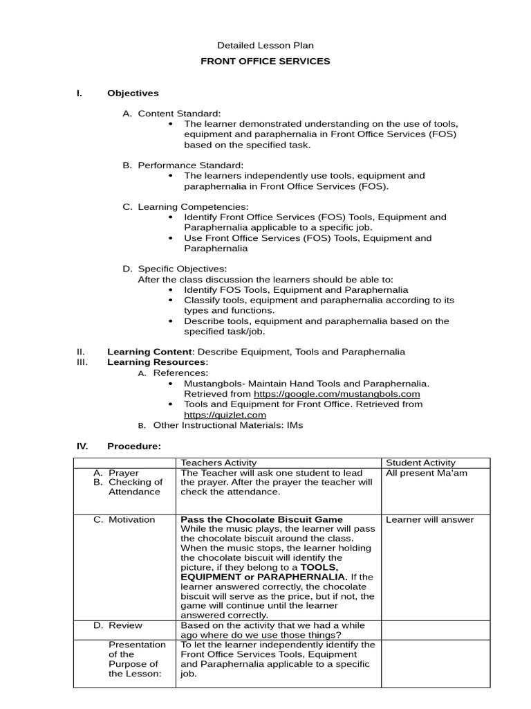 Detailed Lesson Plan FRONT OFFICE SERVICE (FOS) | PDF | Learning ...