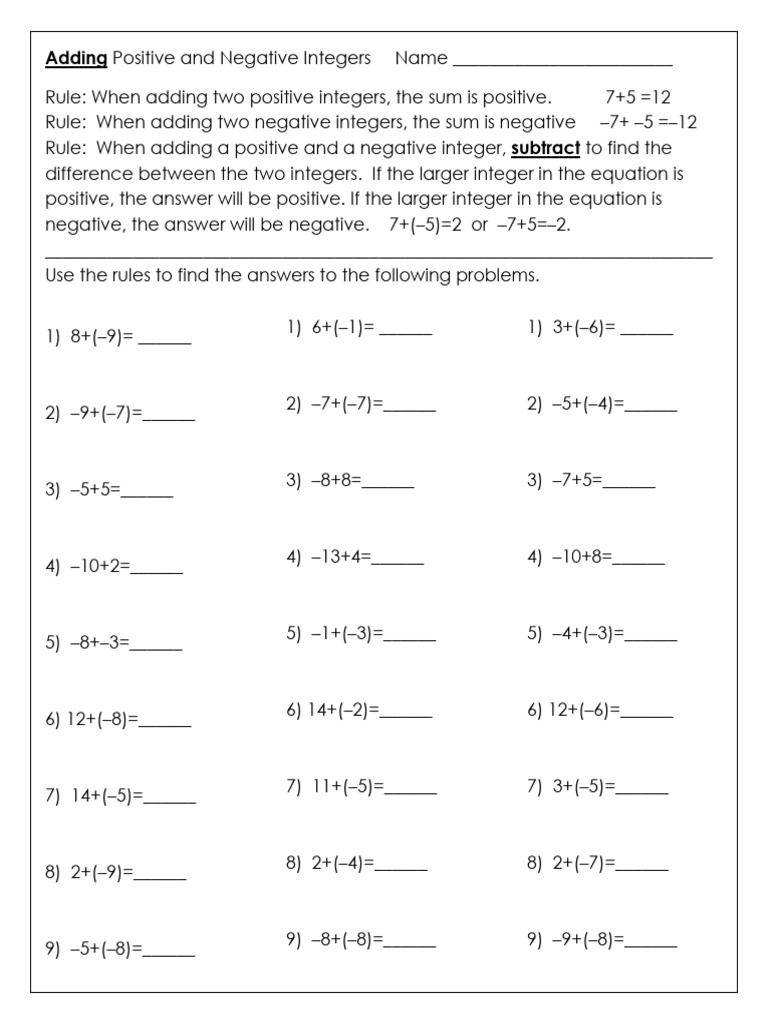 Adding Positive and Negative Integers Name | PDF