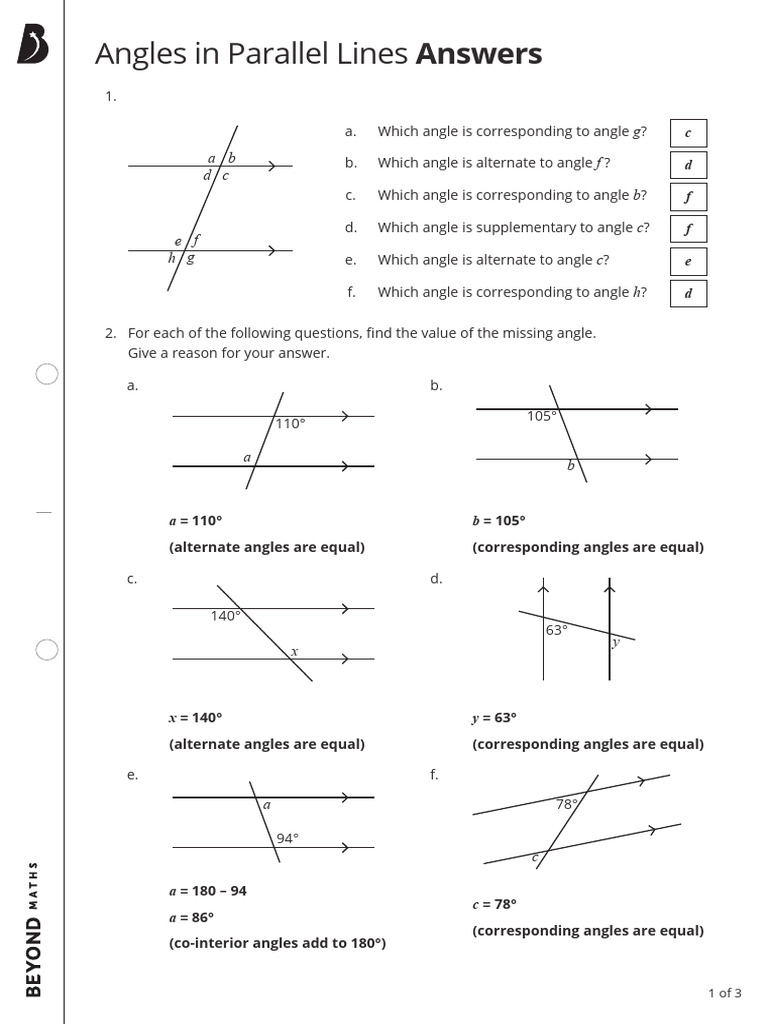 Angles in Parallel Lines (Answers) | PDF