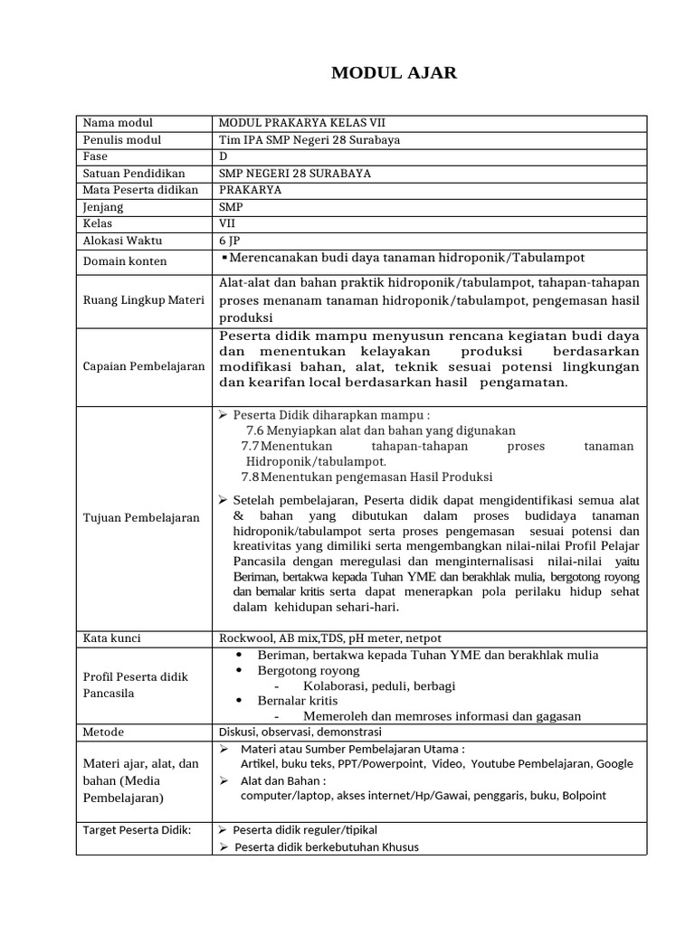 MODUL AJAR 3 Prakarya Tabulampot 7 2023-2024 | PDF
