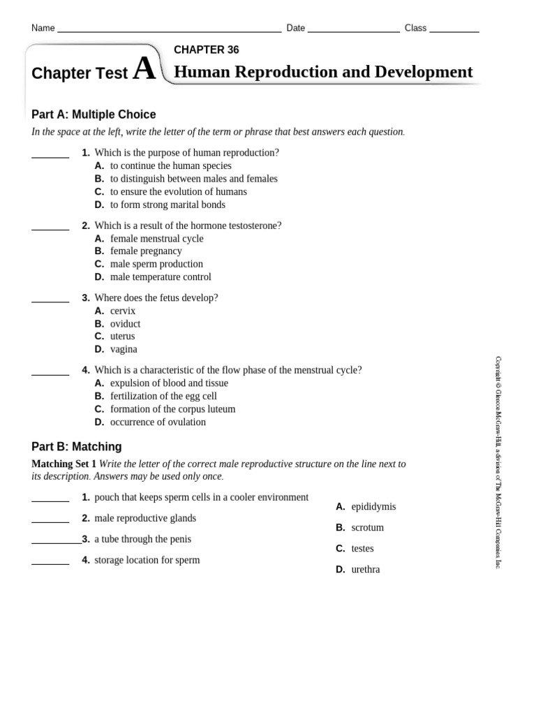 Chapter Test A Human Reproduction and Development Editable | PDF ...