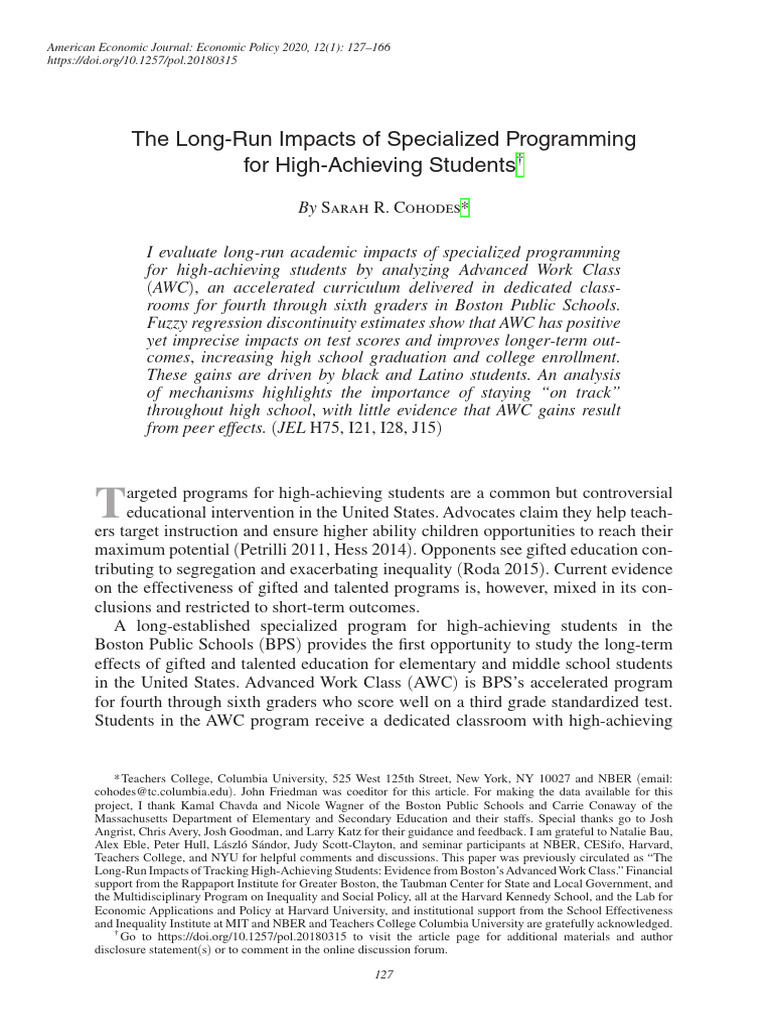 Cohodes 2020 The Long Run Impacts of Specialized Programming For High ...