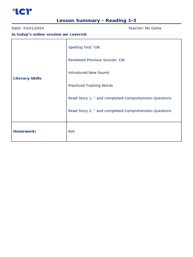 Reading 1-3 Lesson Summary | PDF