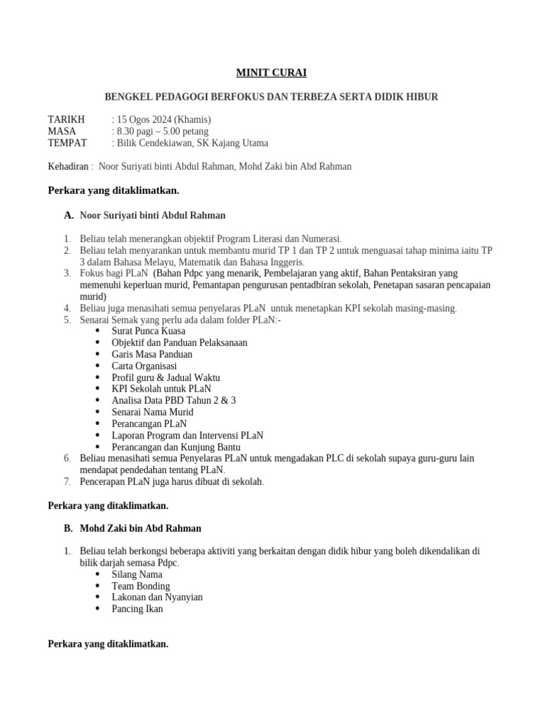 Minit Curai: Bengkel Pedagogi 2024 | PDF