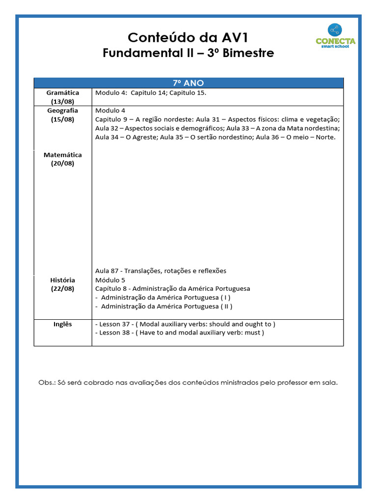 7º ANO - Conteúdo Programático AV1 - Fundamental II 3º Bimestre 2024-2 | PDF