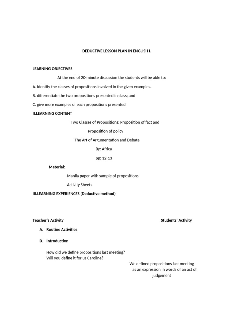 DEDUCTIVE LESSONPLAN Docx1 | PDF