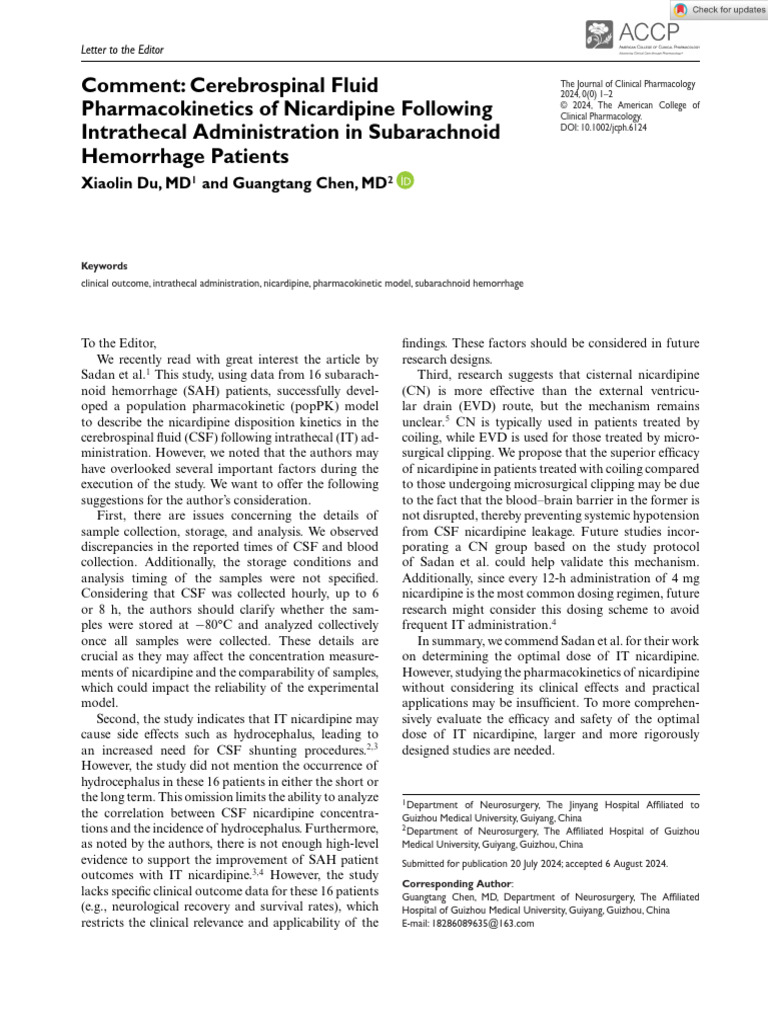 The Journal of Clinical Pharma - 2024 - Du - Comment Cerebrospinal Fluid Pharmacokinetics of ...