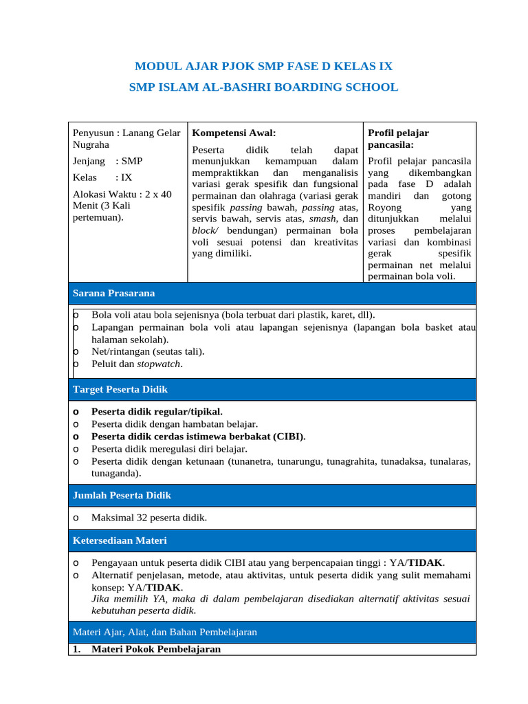 01 - Modul Ajar Bola Voli Kelas Ix | PDF