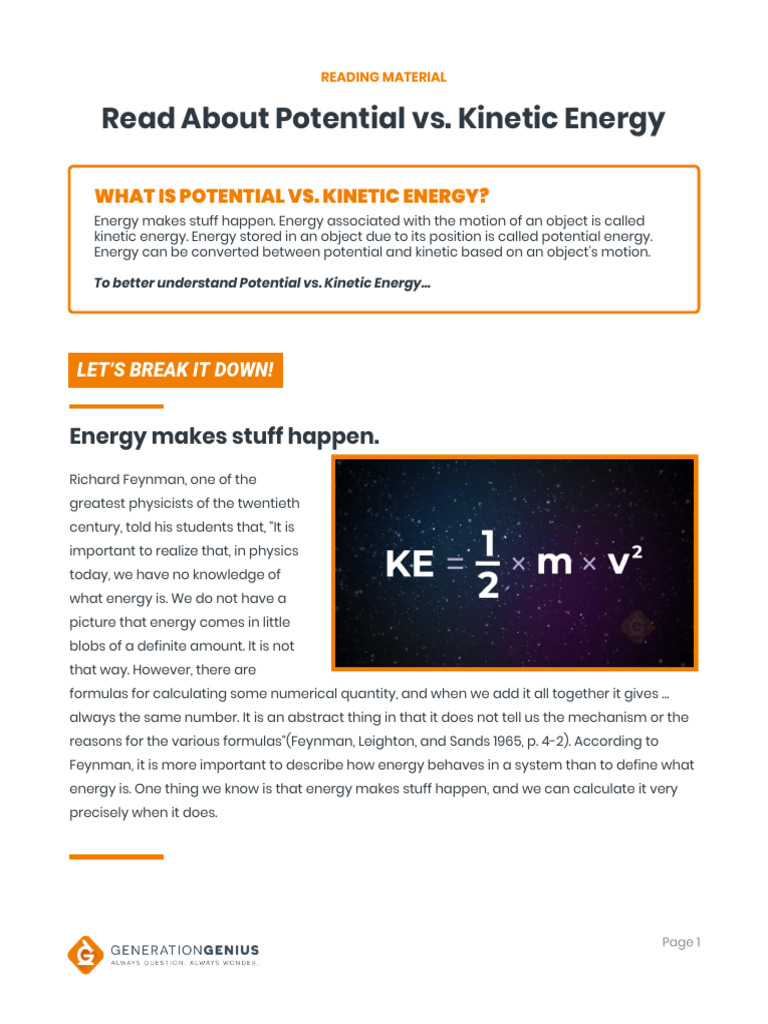 Potential Vs Kinetic Energy Reading Material Grades 6 8 | PDF