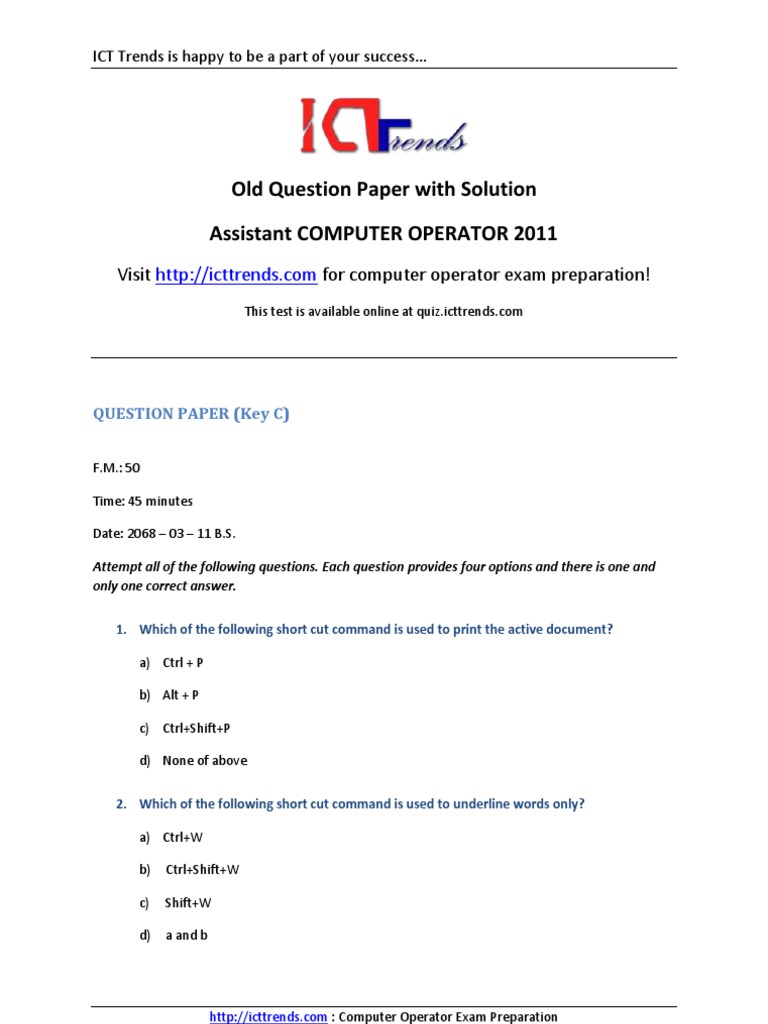 Old Question Paper With Solution Assistant Computer Operator 2011