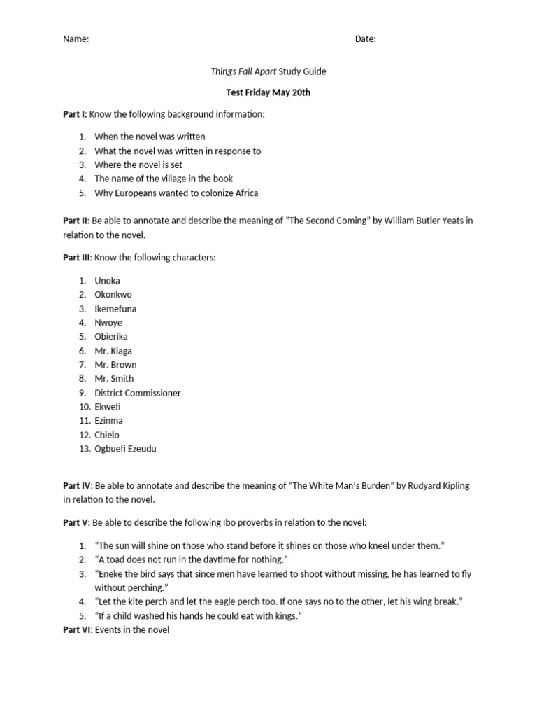 Things Fall Apart Study Guide | PDF