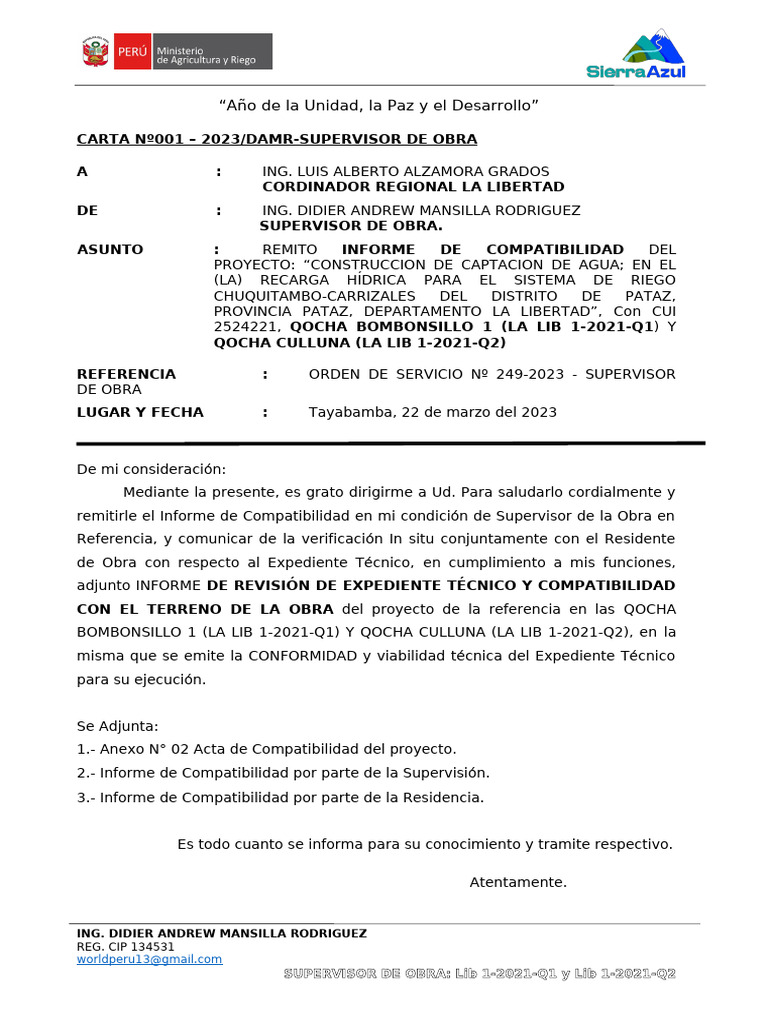 CARTA No 01 SUPERVISOR E INFORME DE SUPERVISOR - COMPATIBILIDAD DIDIER | PDF
