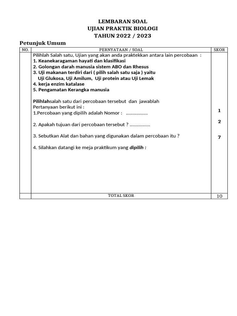 1.LEMBAR SOAL Uj - Prak Bio 2023 | PDF