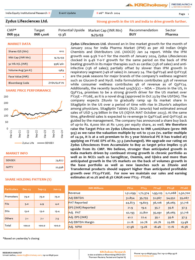 KRChoksey Sees 17% UPSIDE in Zydus Lifesciences Strong Growth in | PDF ...