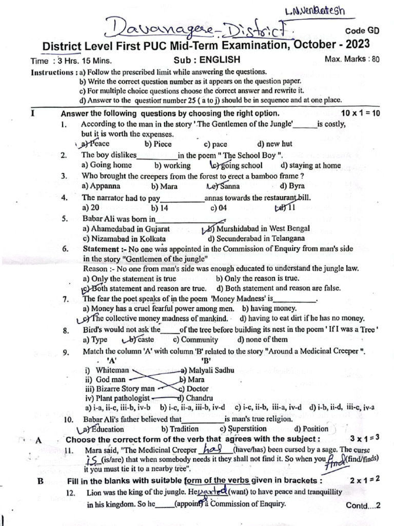 Davanagere District's 1st PUC English Mid Term Examination - 2023 | PDF