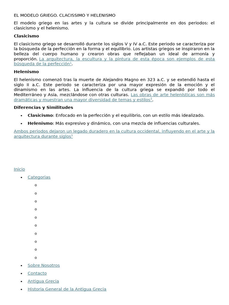 El Modelo Griego Clasicismo Helenismo | PDF