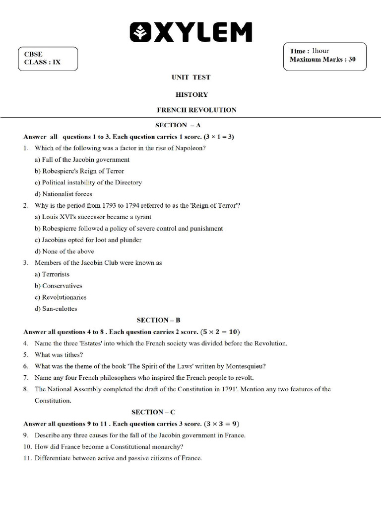 The French Revolution Test (History) | PDF