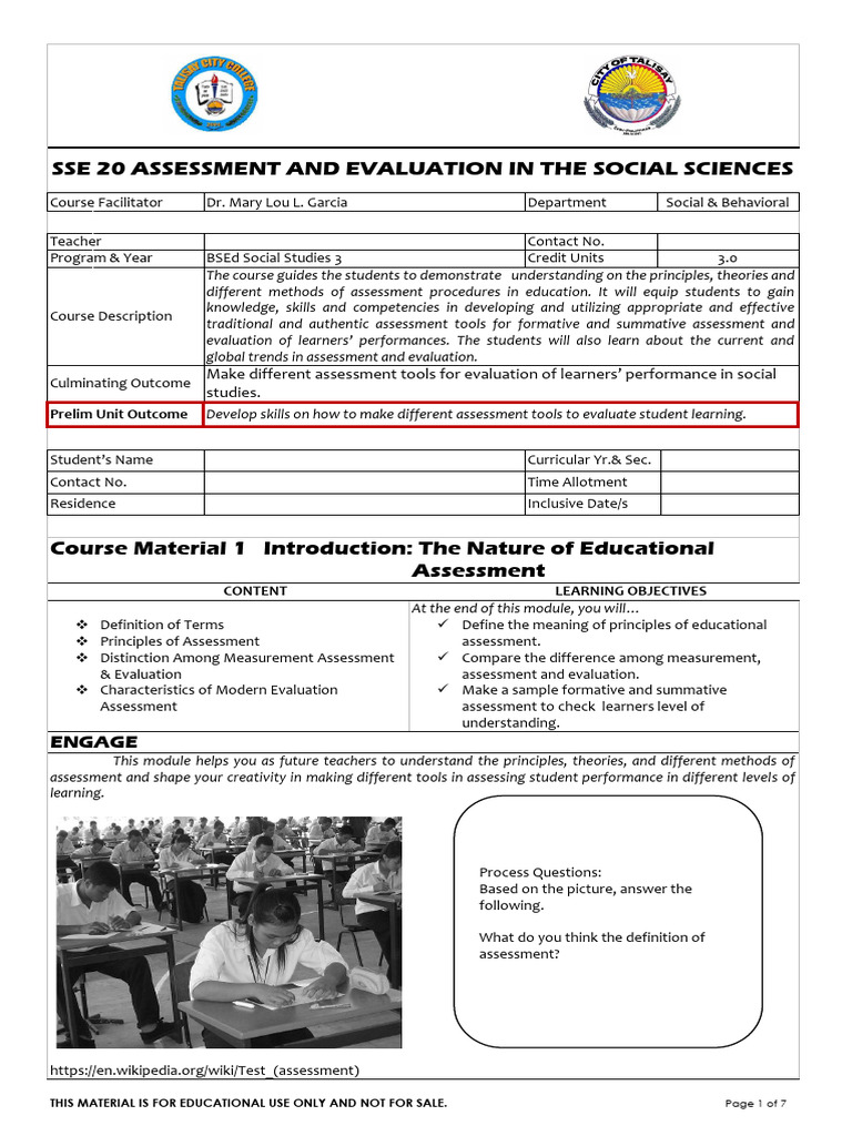 CM 1 Sse 20 Assessment Evaluation in Social Sciences1 | PDF